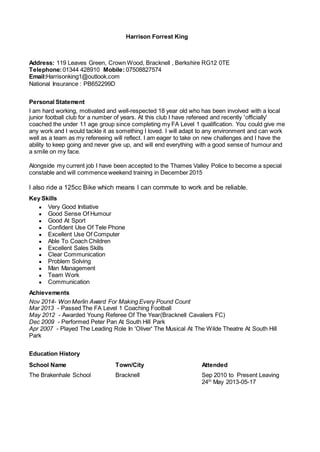 Harrison King CV July 2015 | DOCX | Soccer | Sports