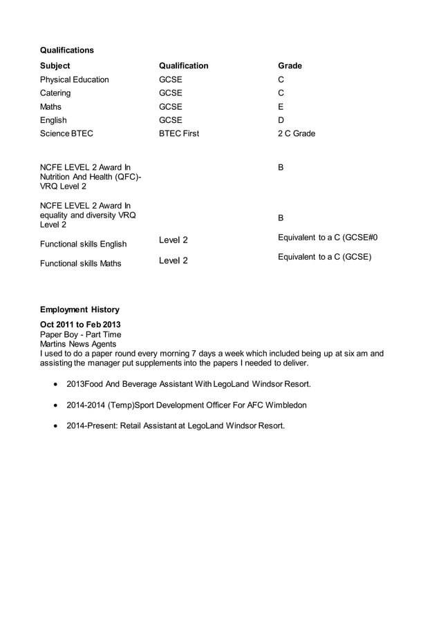 Harrison King CV July 2015 | DOCX | Soccer | Sports