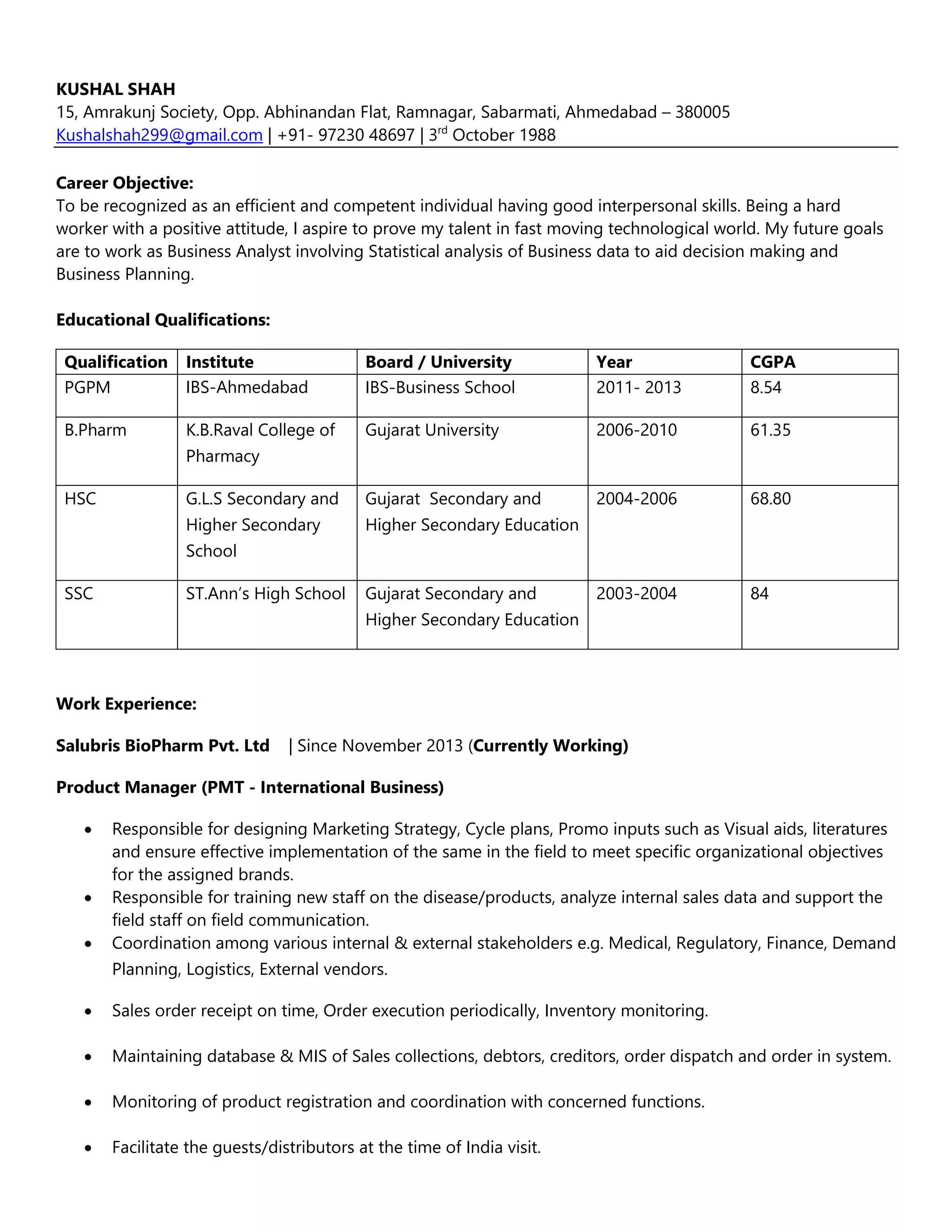 CV kushal Shah | PDF | Business Administration | Business