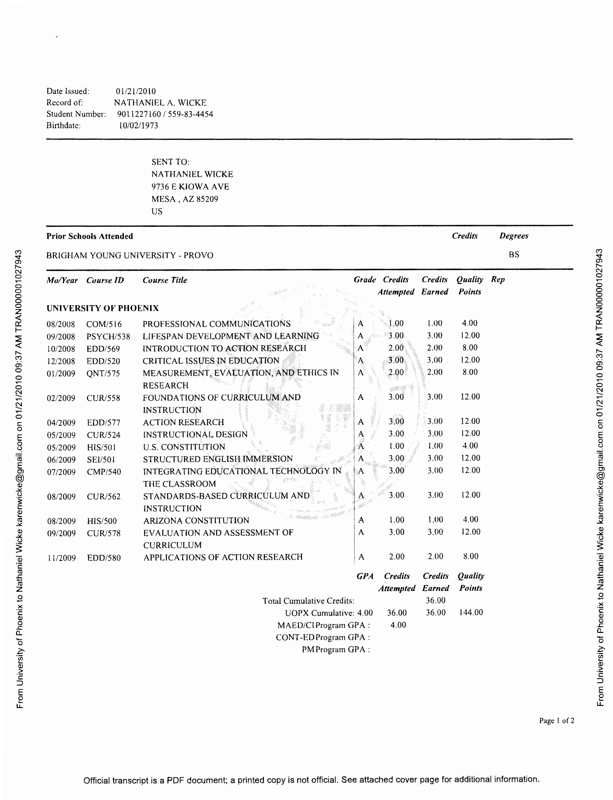 nw col transcripts Sept 2011 | PDF | Professional School | Postgraduate Education