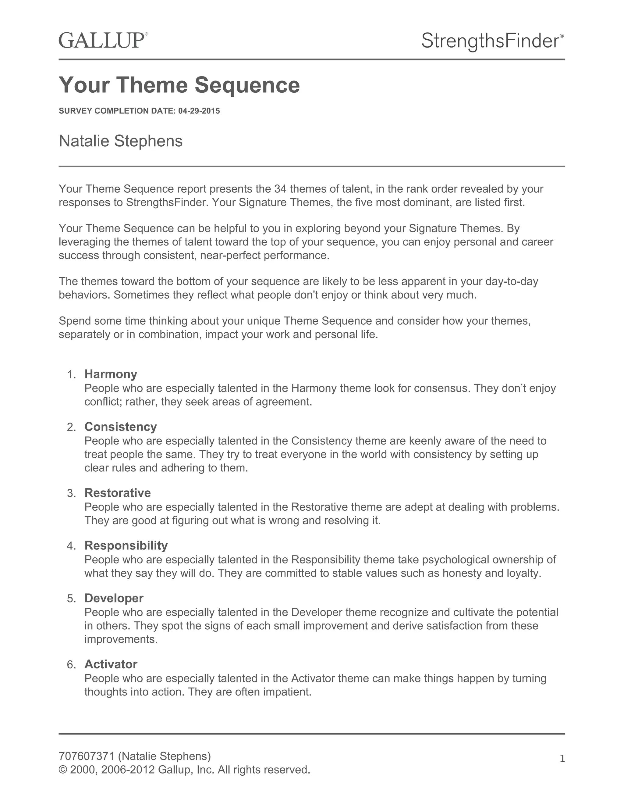 StrengthsFinder Theme Sequence | PDF