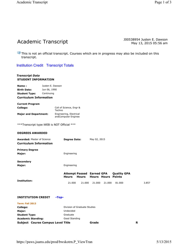 Graduate Transcript | PDF | Undergraduate Education | College Education