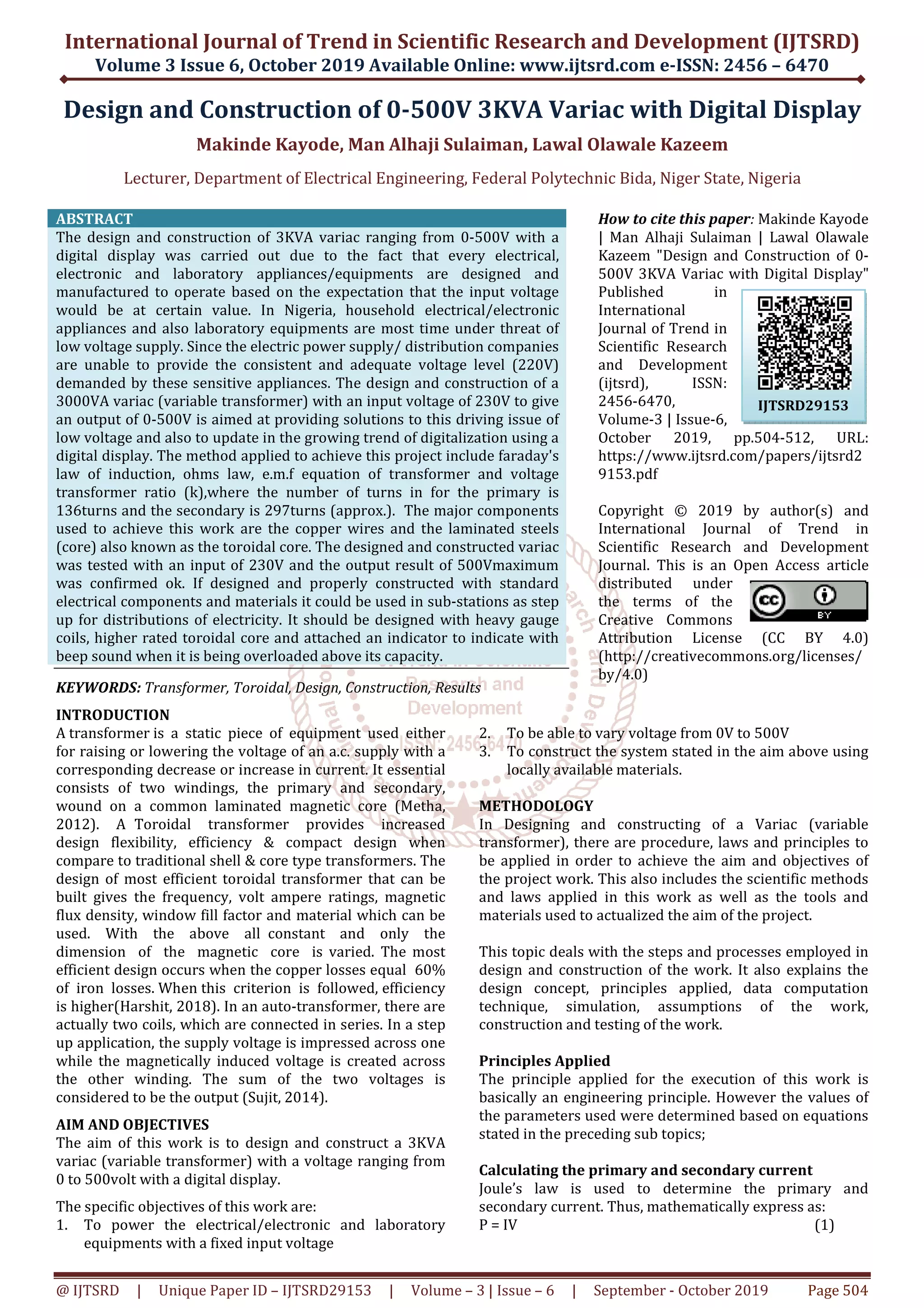 Design and Construction of 0 500V 3KVA Variac with Digital Display | PDF