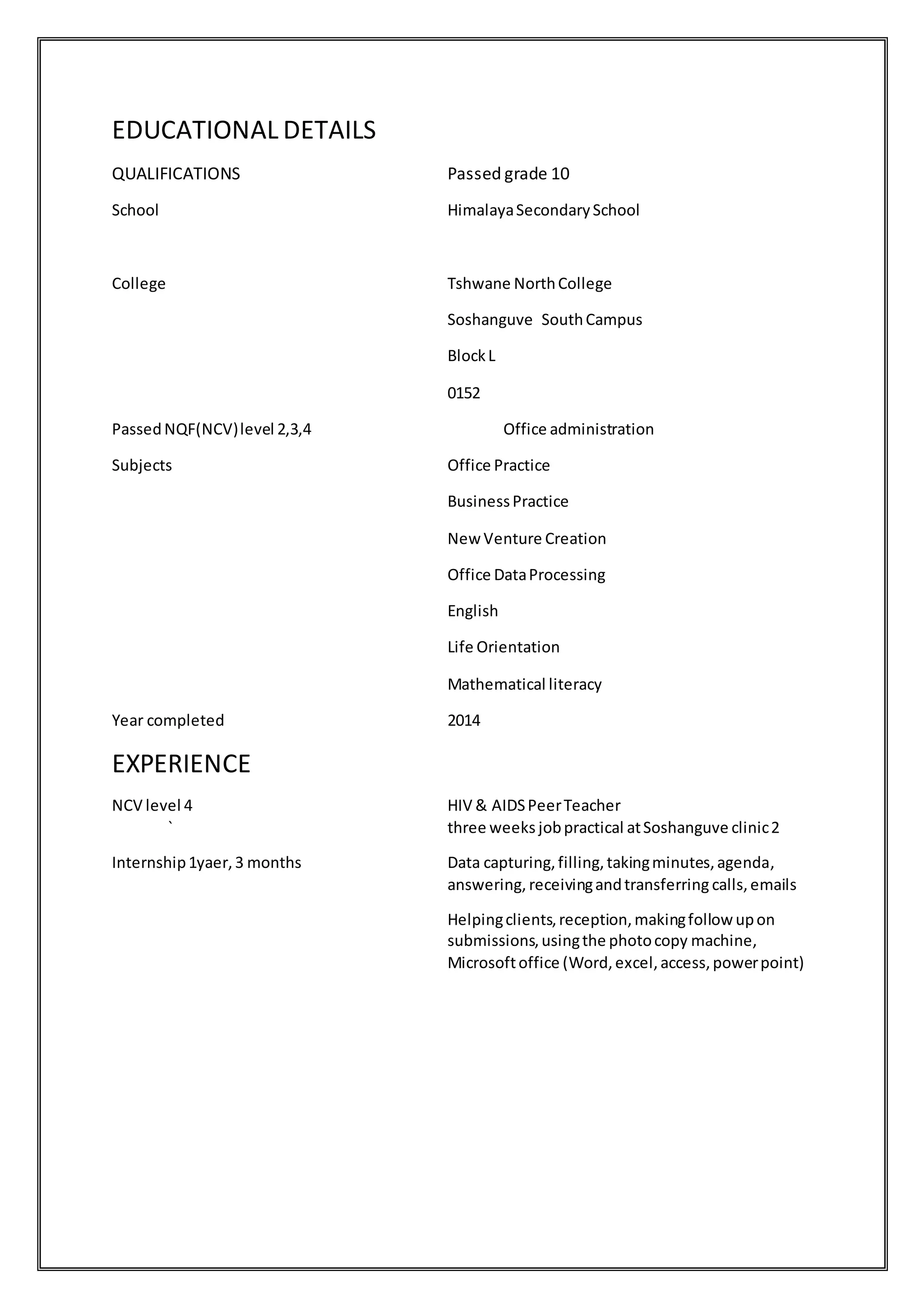 CURRICULUM VITAE OF THABO MAMABOLO 2015 | DOCX