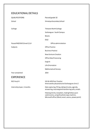 CURRICULUM VITAE OF THABO MAMABOLO 2015 | DOCX