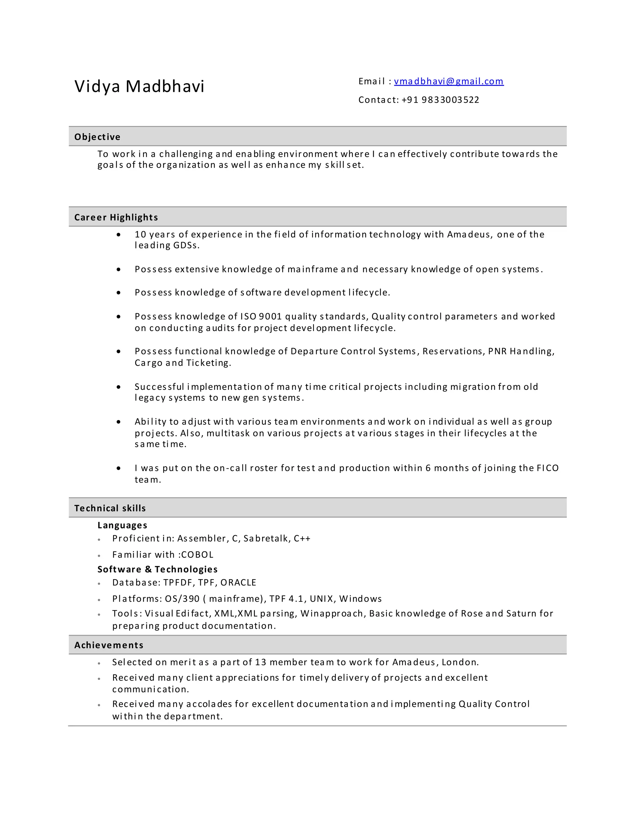 Vidya Madbhavi - CV1 | DOCX | Computing | Technology & Computing