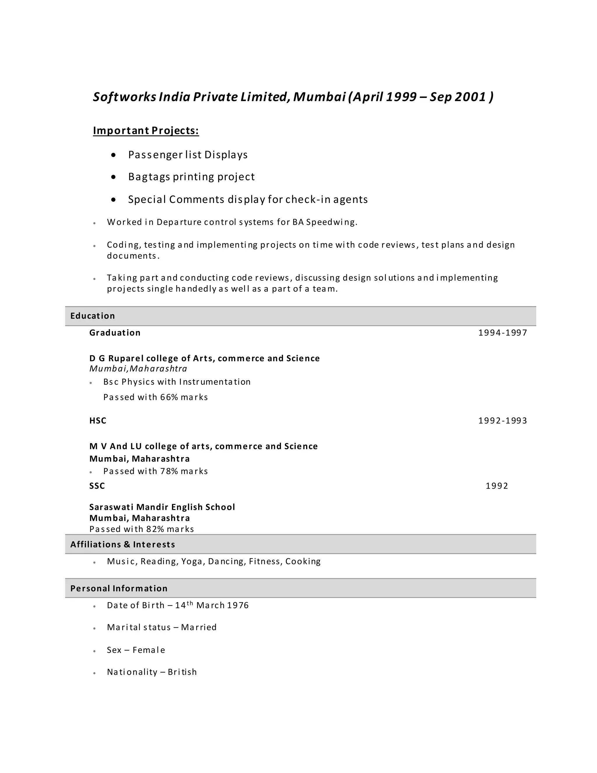 Vidya Madbhavi - CV1 | DOCX | Computing | Technology & Computing