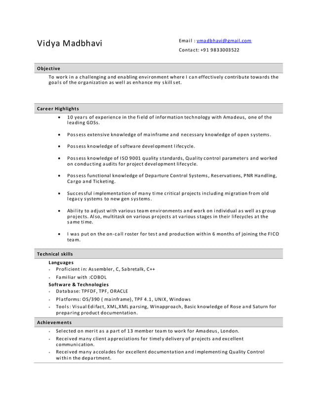 Vidya Madbhavi - CV1 | DOCX | Computing | Technology & Computing