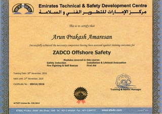 ZADCO Training Certificate-Arun Prakash Amaresan | PDF