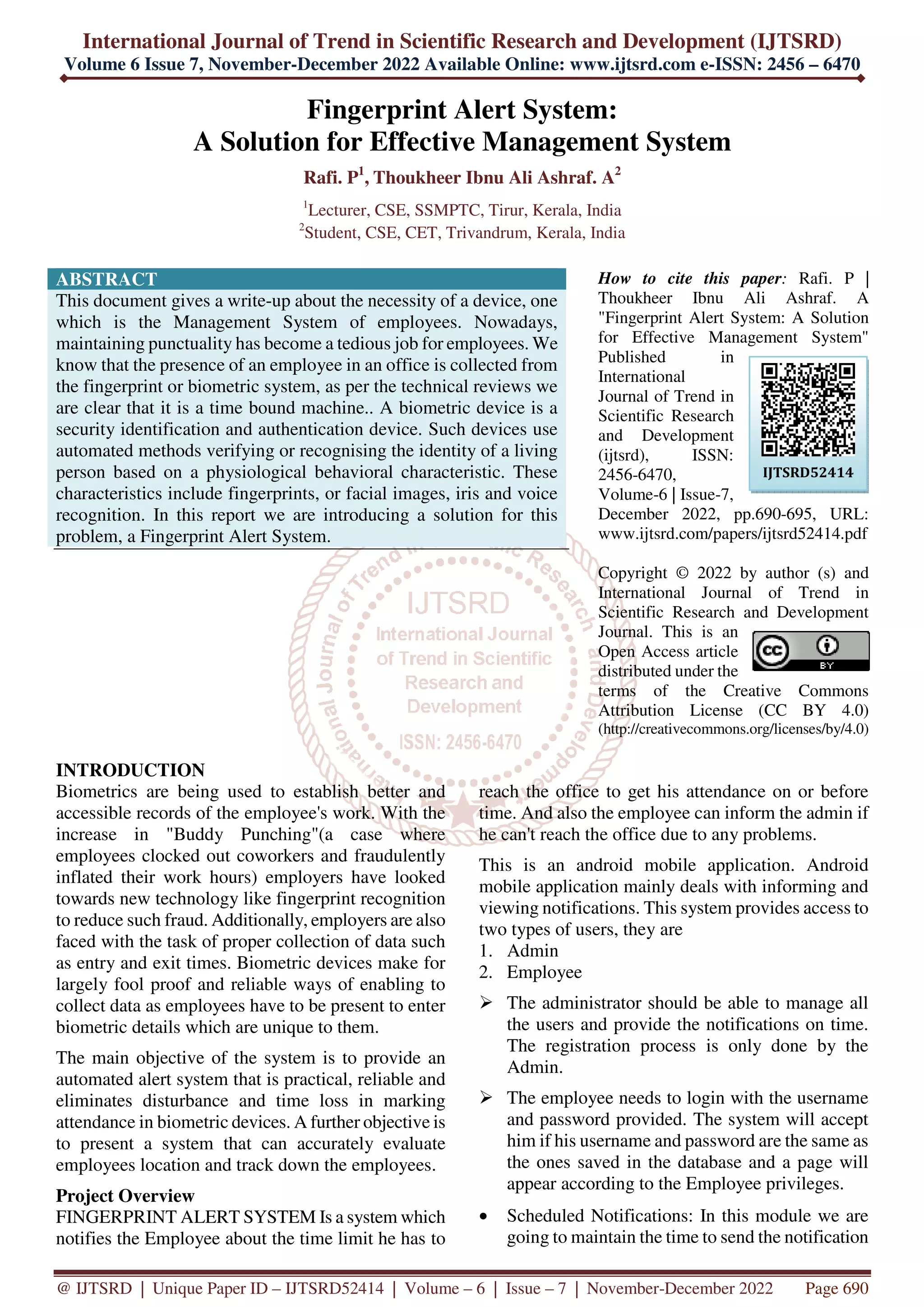 Fingerprint Alert System A Solution for Effective Management System | PDF