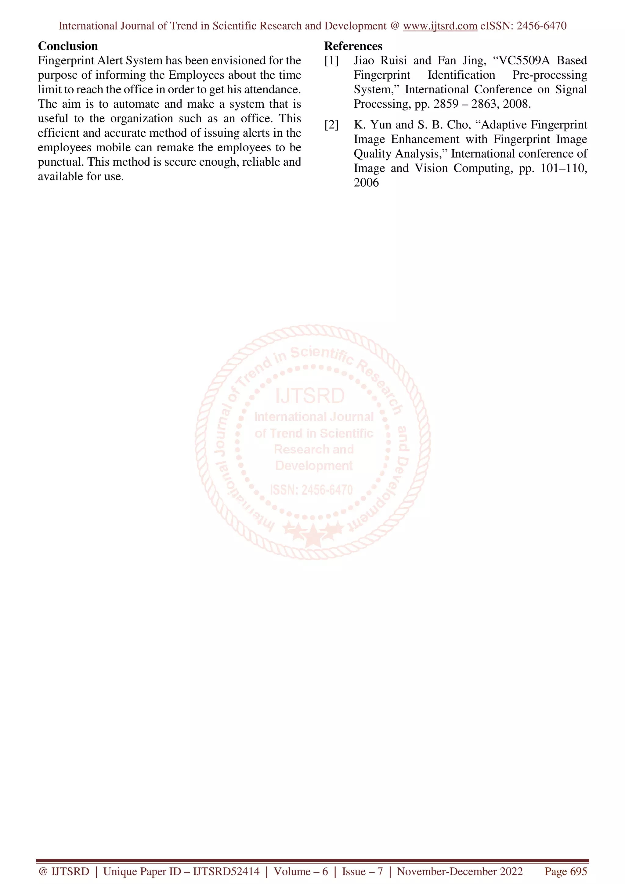 Fingerprint Alert System A Solution for Effective Management System | PDF