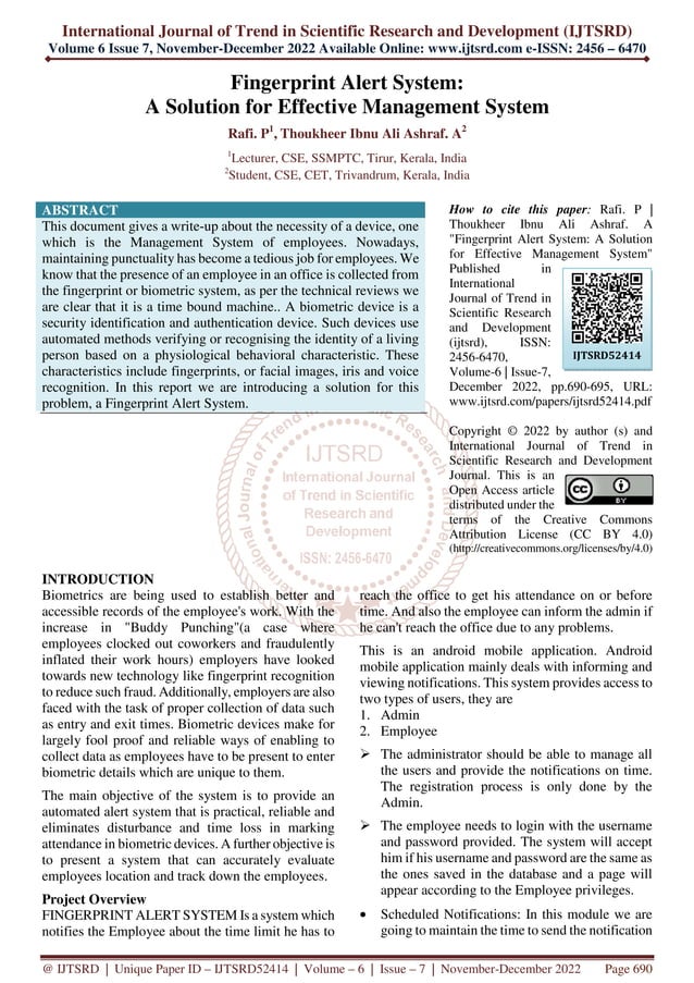 Fingerprint Alert System A Solution for Effective Management System | PDF