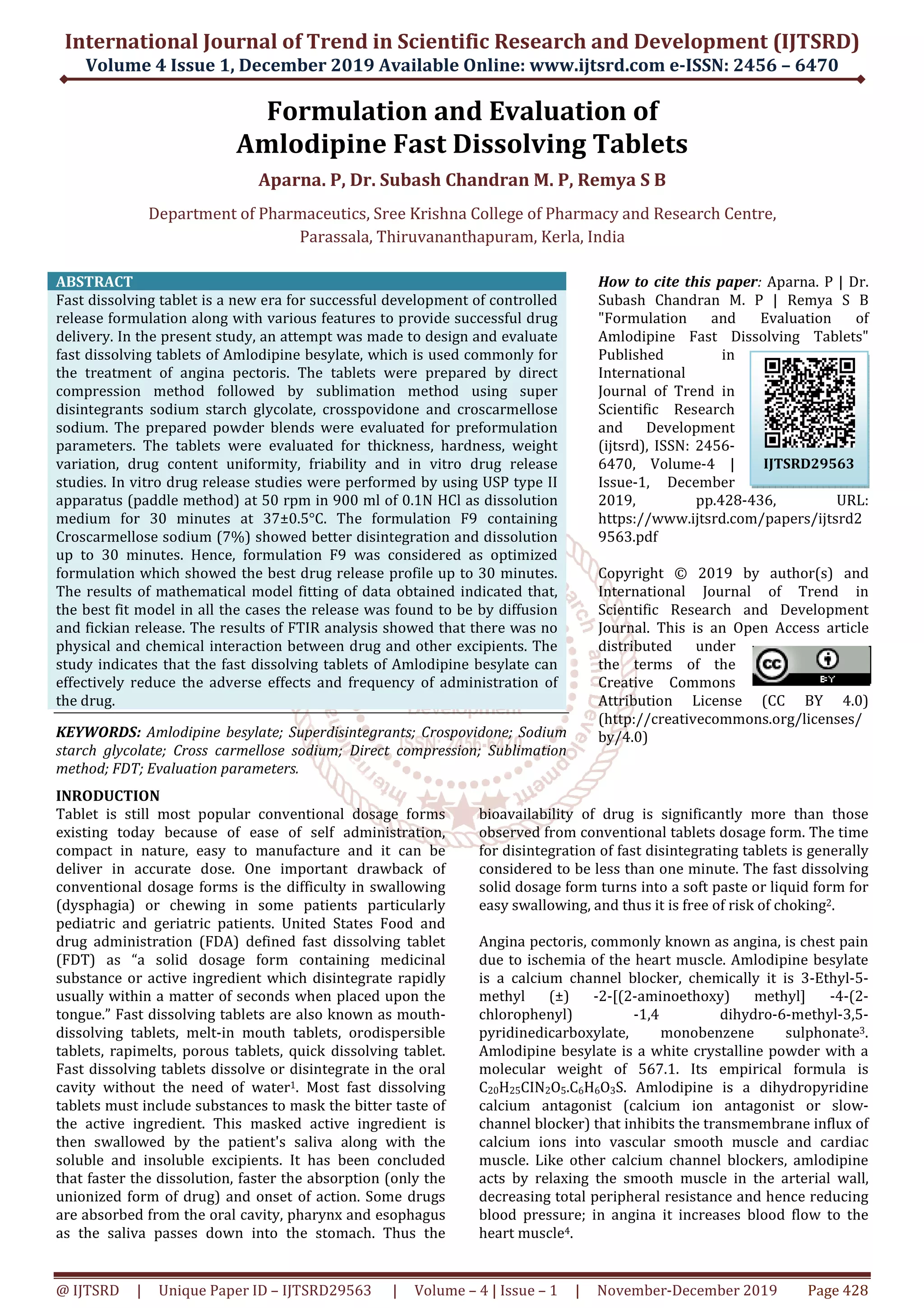 Formulation And Evaluation Of Amlodipine Fast Dissolving Tablets Pdf