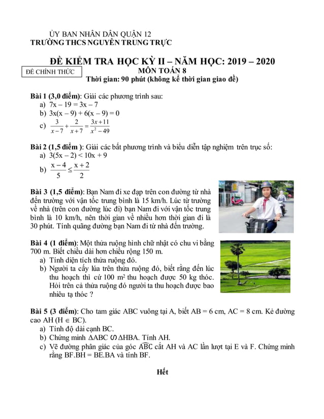 Đề Thi HK2 Toán 8 - THCS Nguyễn Trung Trực | DOCX | Physics | Science