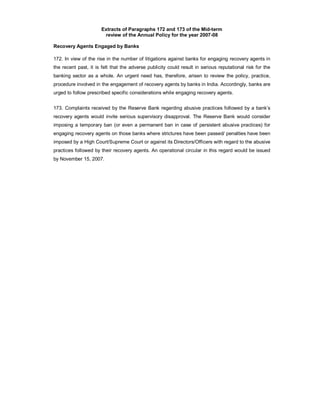 RBI GUIDELINES: RECOVERY AGENTS ENGAGED BY BANKS! | PDF