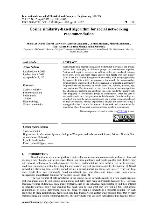 Cosine Similarity Based Algorithm For Social Networking Recommendation Pdf