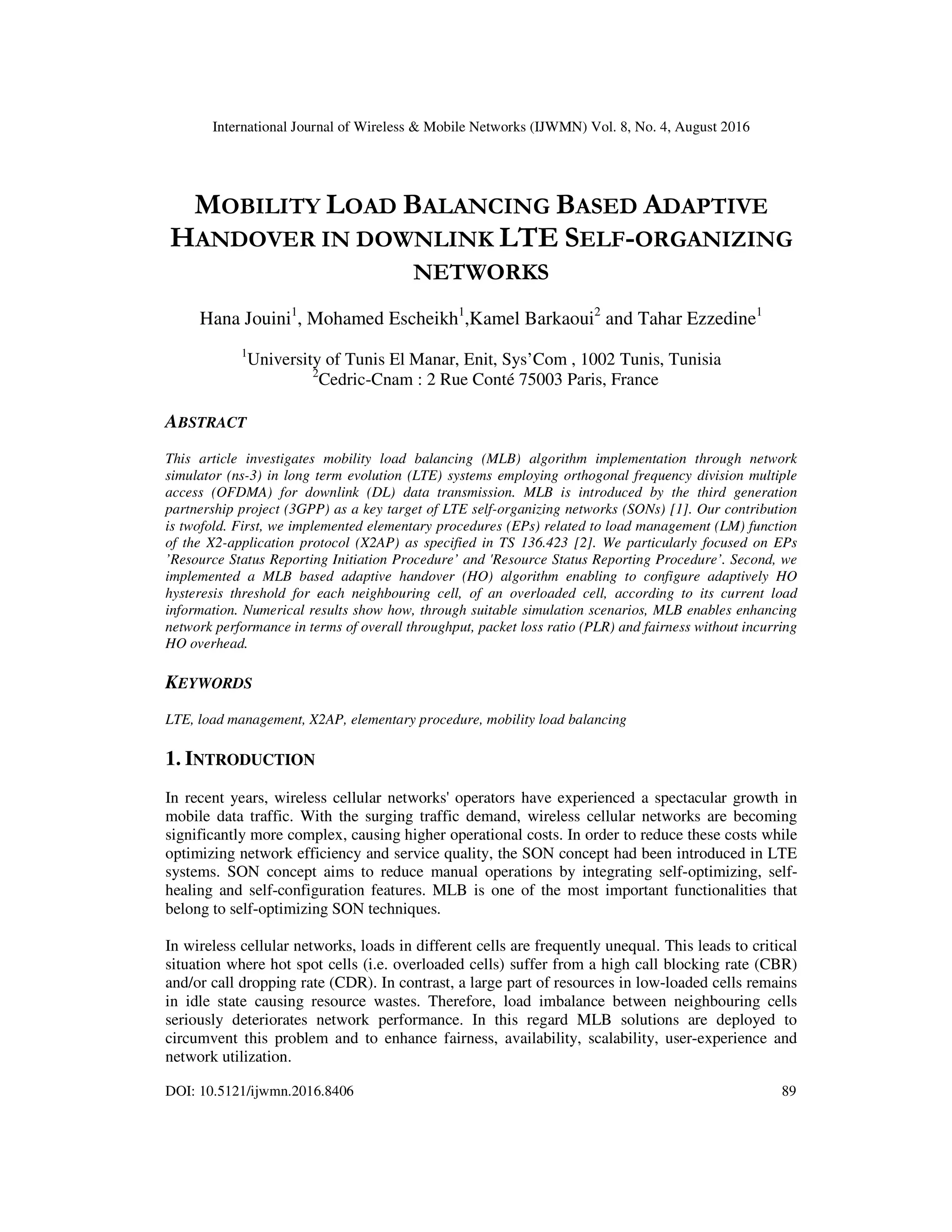 MOBILITY LOAD BALANCING BASED ADAPTIVE HANDOVER IN DOWNLINK LTE SELF-ORGANIZING NETWORKS | PDF