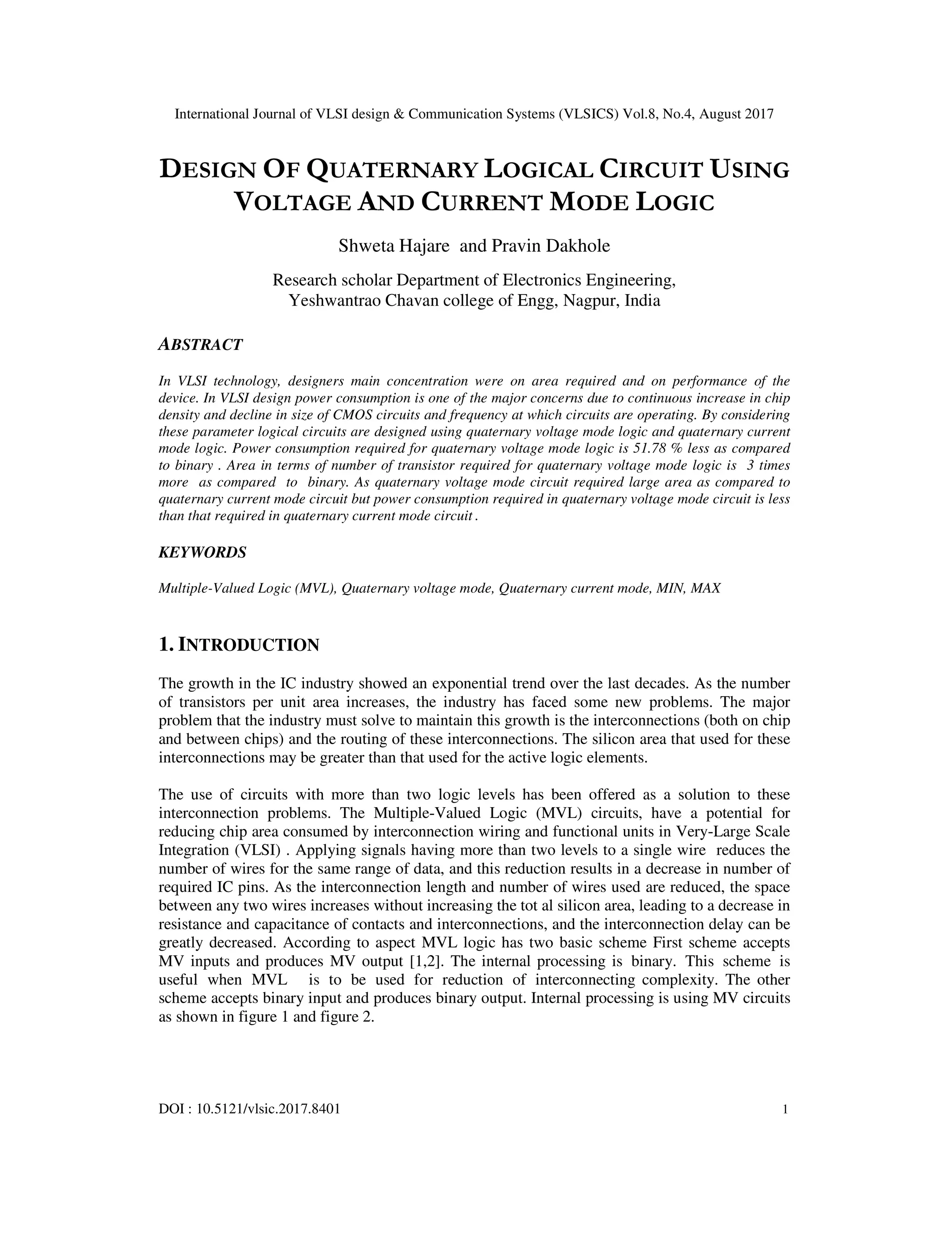 Design of Quaternary Logical Circuit Using Voltage and Current Mode Logic | PDF