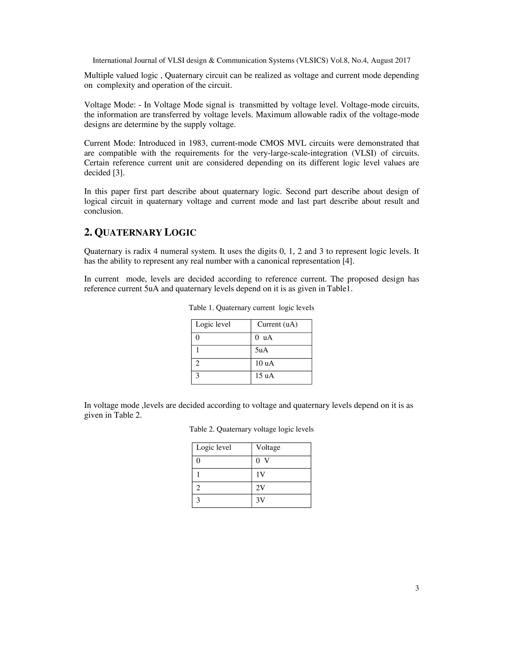 Design of Quaternary Logical Circuit Using Voltage and Current Mode Logic | PDF