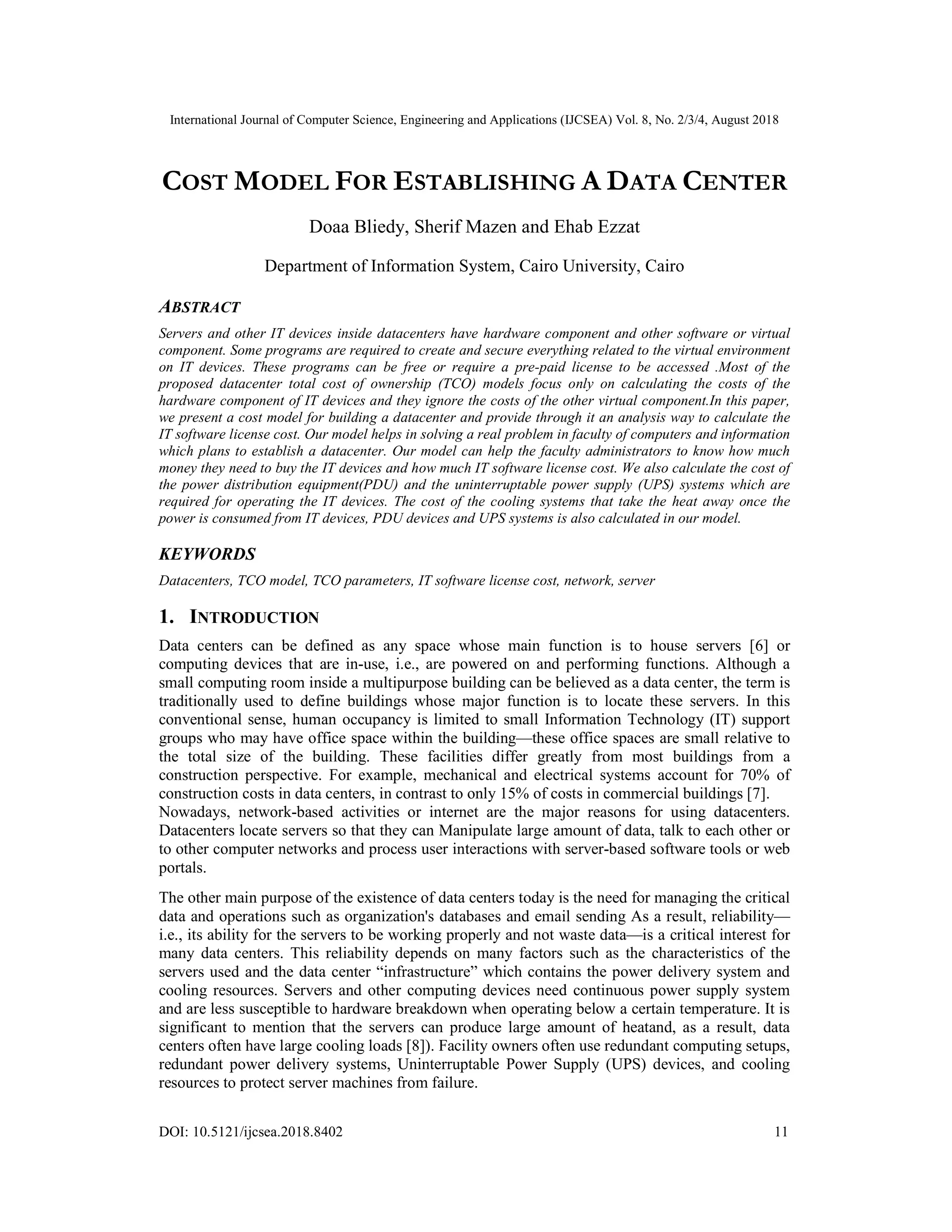 Cost Model for Establishing a Data Center | PDF