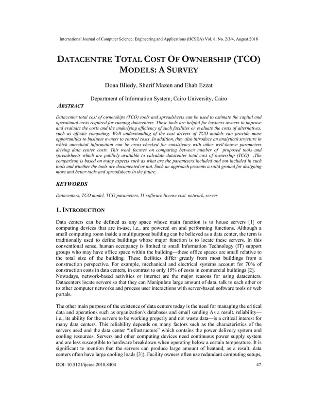 DATACENTRE TOTAL COST OF OWNERSHIP (TCO) MODELS: A SURVEY | PDF | Cloud Computing | Internet