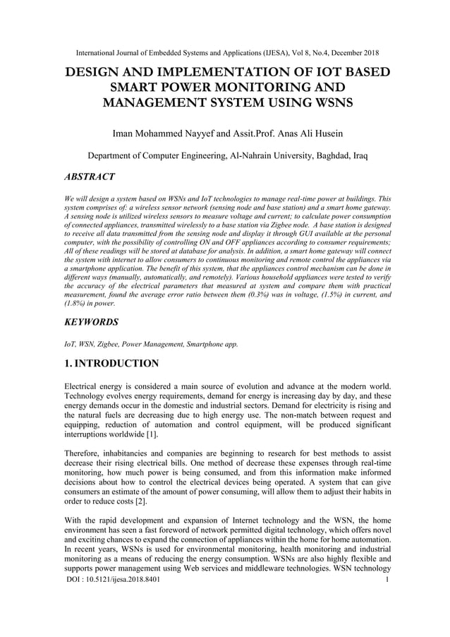 Design and Implementation of IOT Based Smart Power Monitoring and Management System Using WSNS | PDF