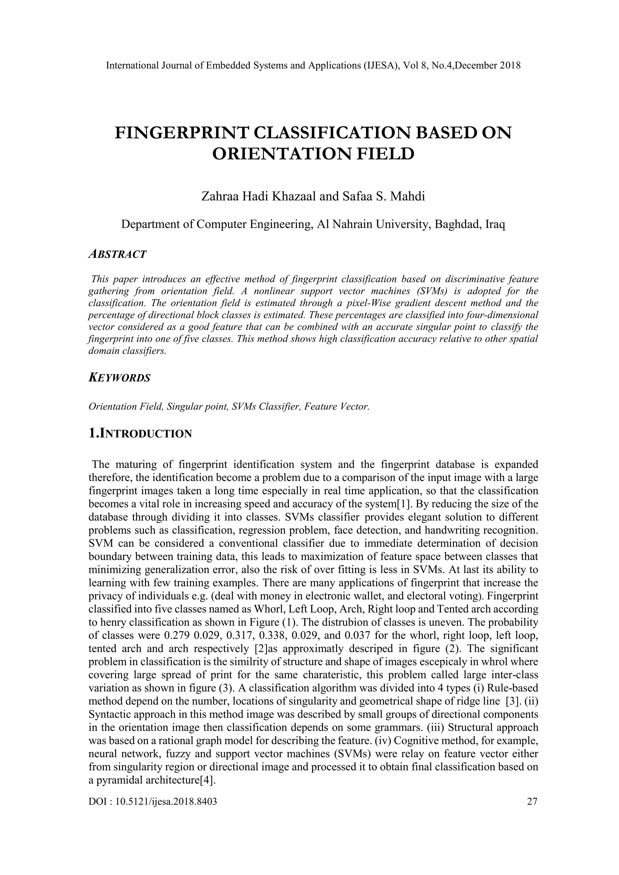 FINGERPRINT CLASSIFICATION BASED ON ORIENTATION FIELD | PDF