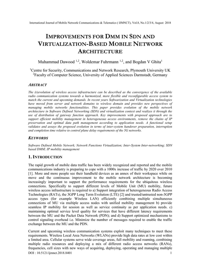 IMPROVEMENTS FOR DMM IN SDN AND VIRTUALIZATION-BASED MOBILE NETWORK ARCHITECTURE | PDF