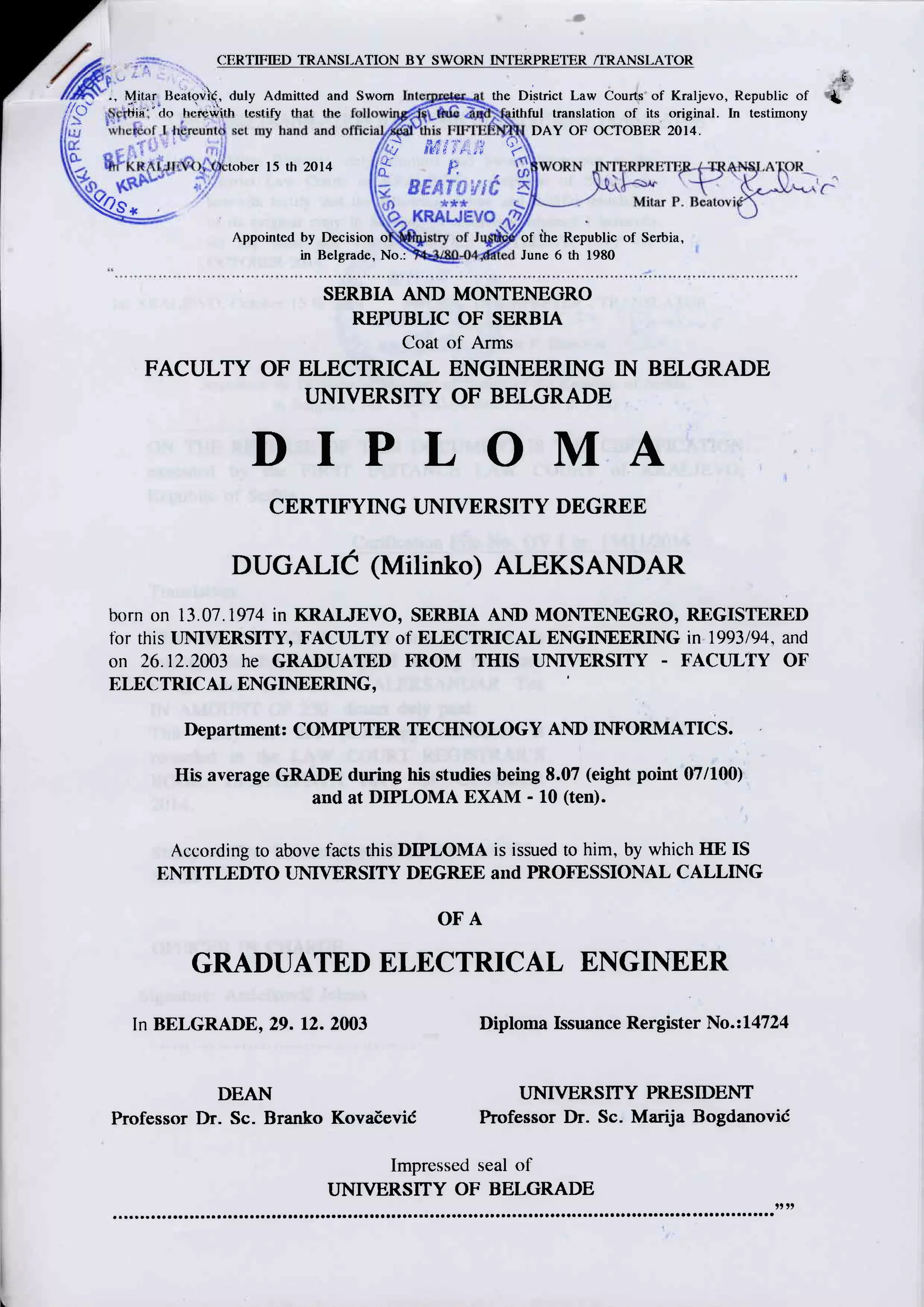 Diploma Aleksandar Dugalic | PDF