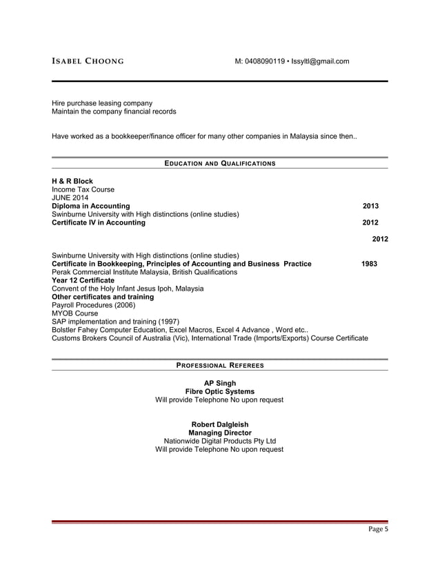 Isabel Choong_Resume | DOC | Business Accounting & Finance | Business