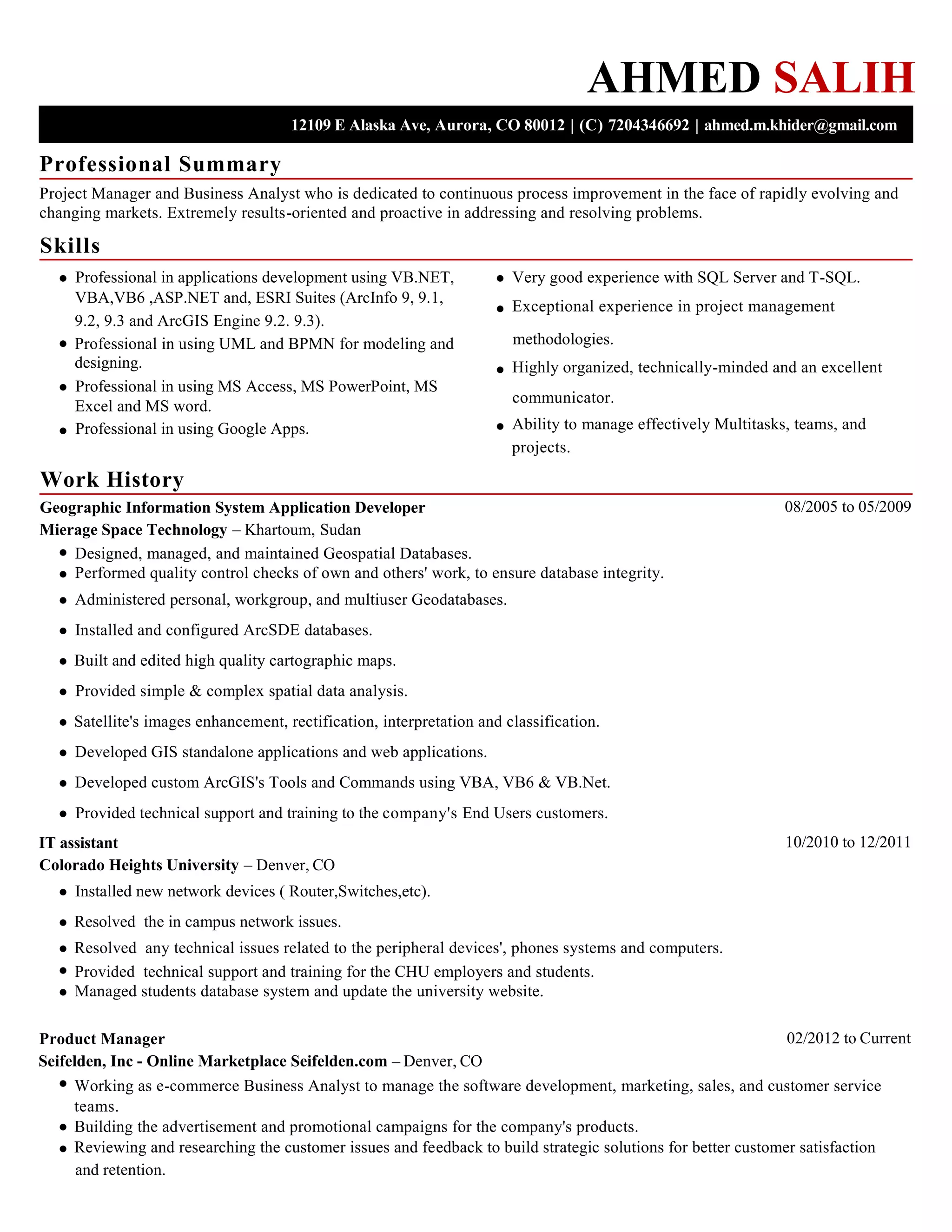 Ahmed Salih Resume | PDF | Databases | Computer Software and Applications