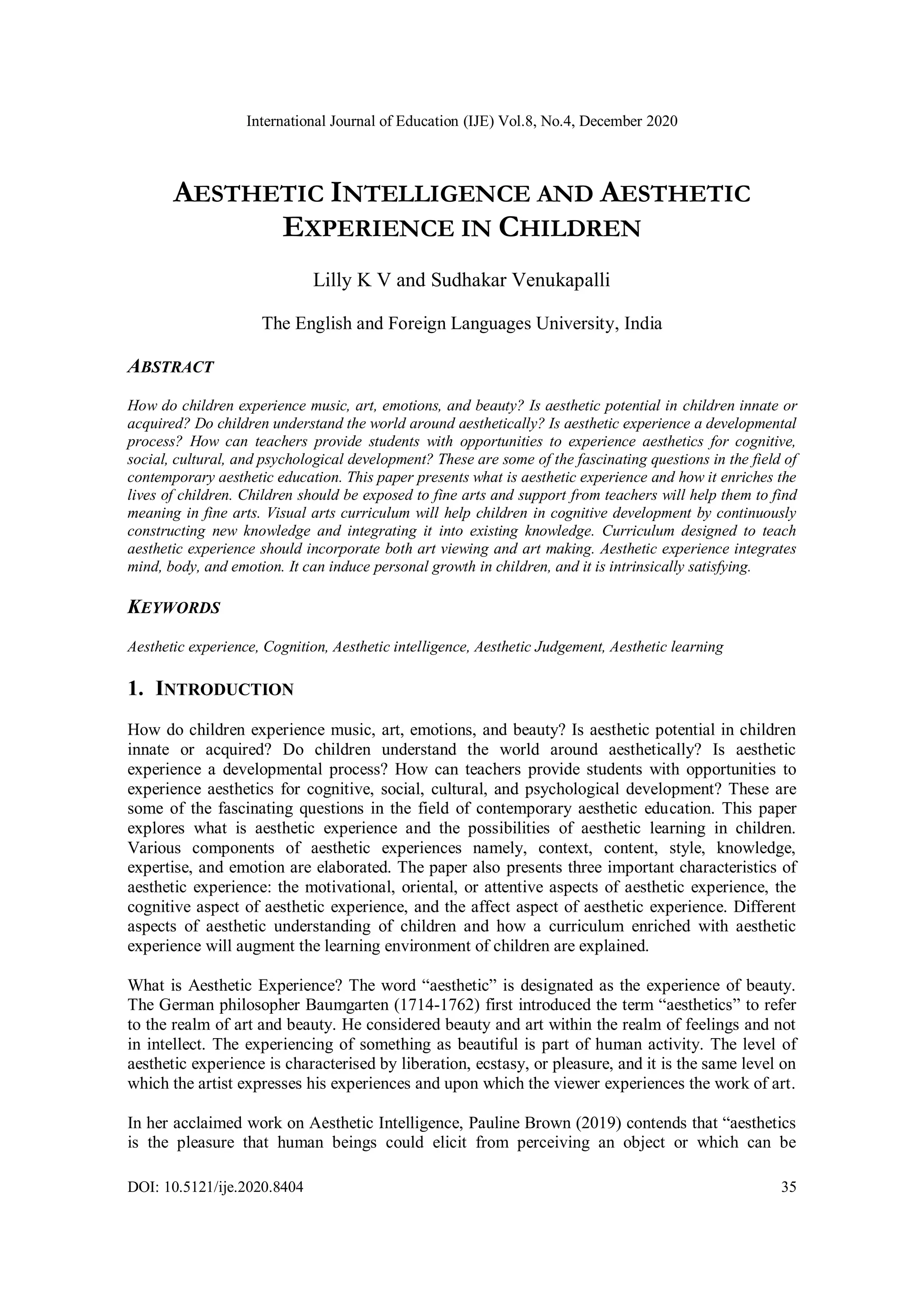 AESTHETIC INTELLIGENCE AND AESTHETIC EXPERIENCE IN CHILDREN | PDF