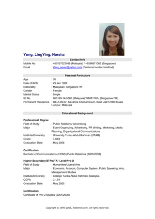 Resume (이력서) -Yong Ling Ying, Narsha | PDF | Business Administration | Business