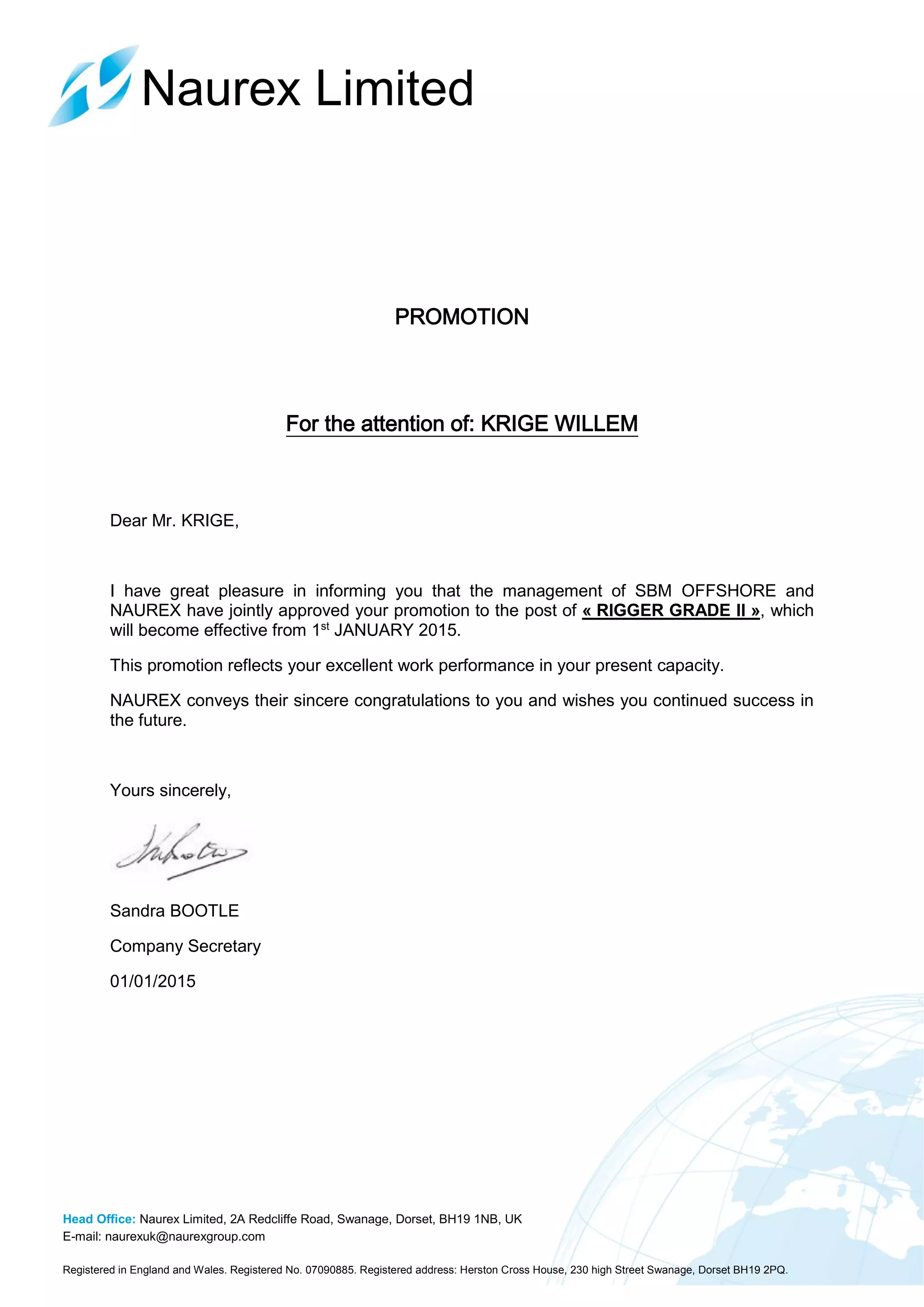 KRIGE W Promotion Letter - Naurex Limited (1) | PDF