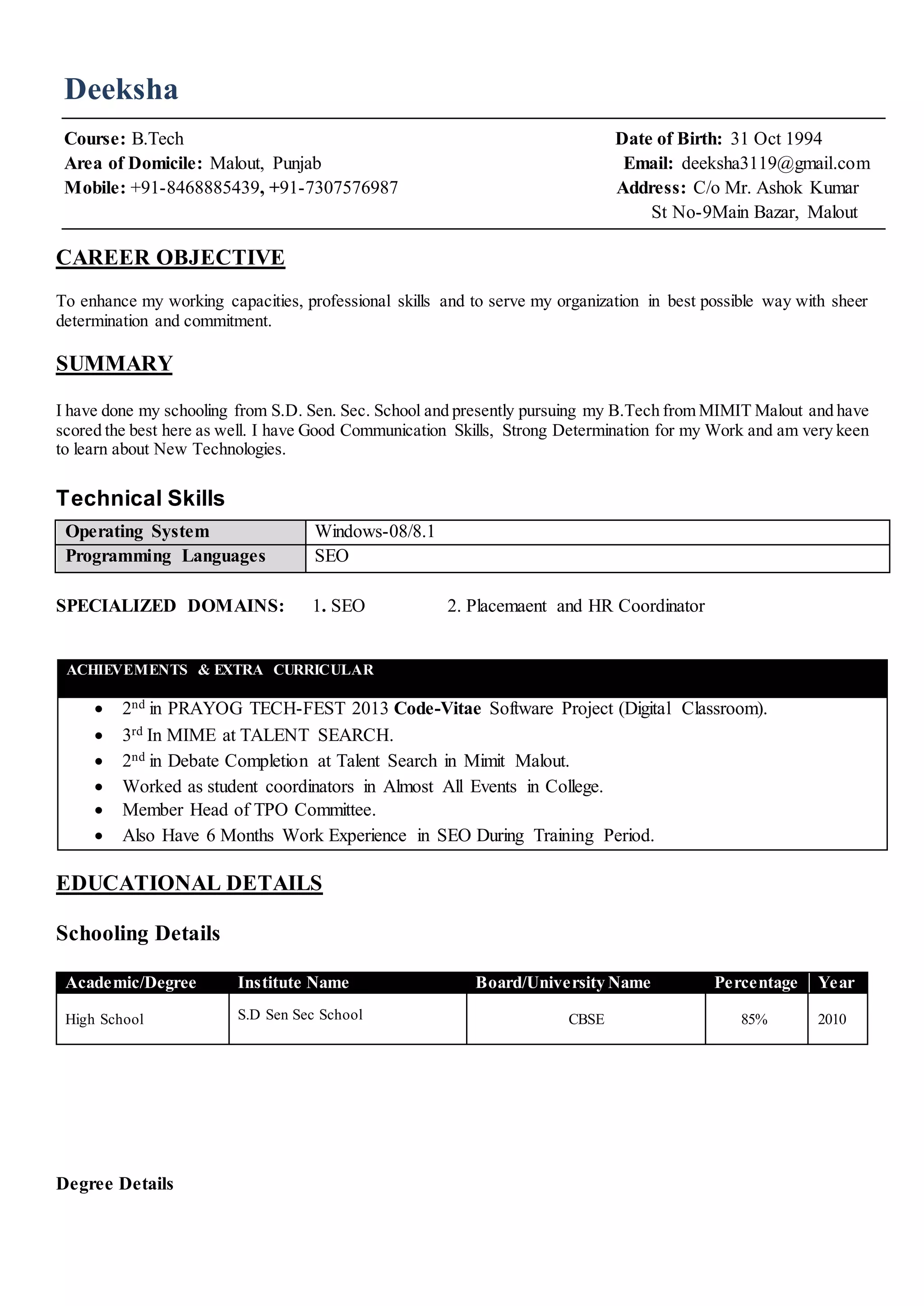 resume deeksha | PDF
