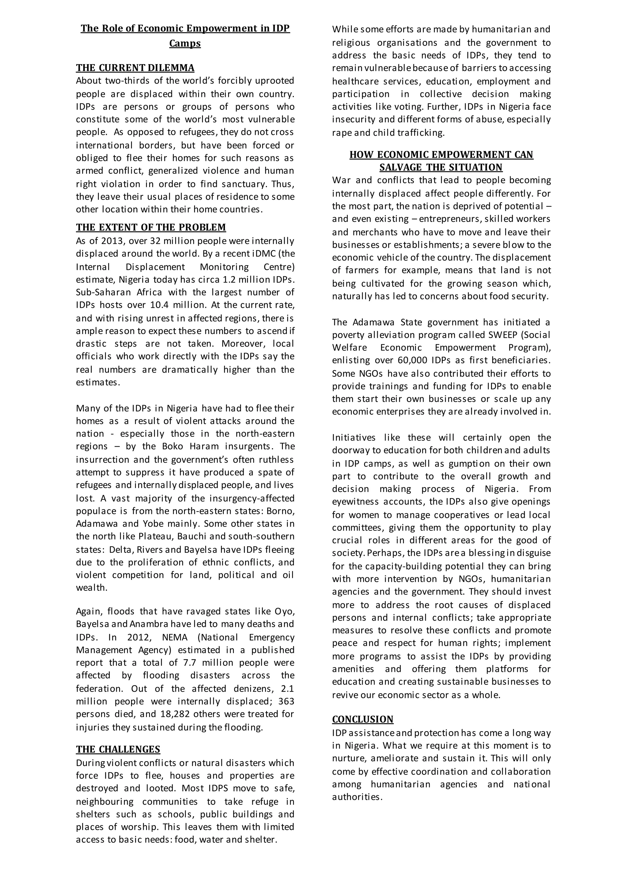 The Role of Economic Empowerment in IDP Camps | DOCX