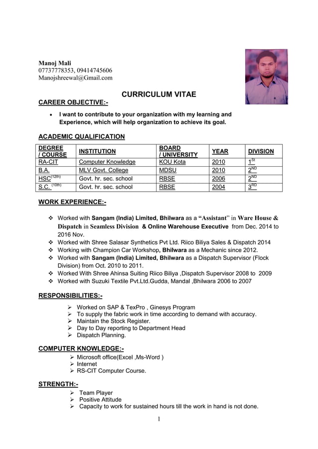 Manoj_Resume | PDF | Resume Writing and Advice | Job Search