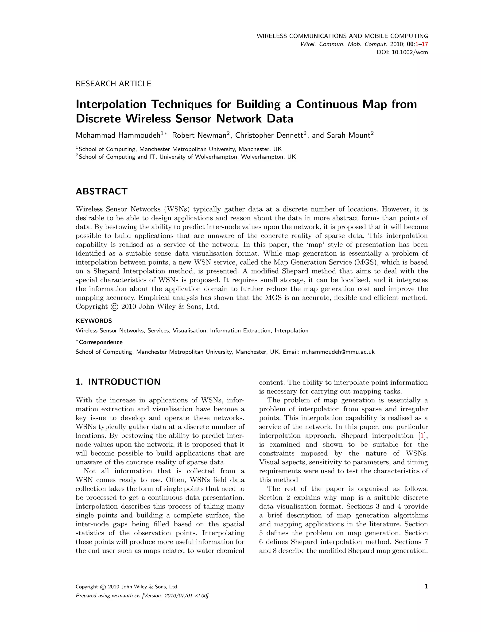 Interpolation Techniques for Building a Continuous Map from Discrete Wireless Sensor Network ...