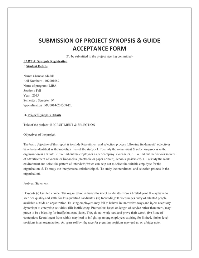 Final Project Synopsis MBA | DOC | Resume Writing and Advice | Job Search