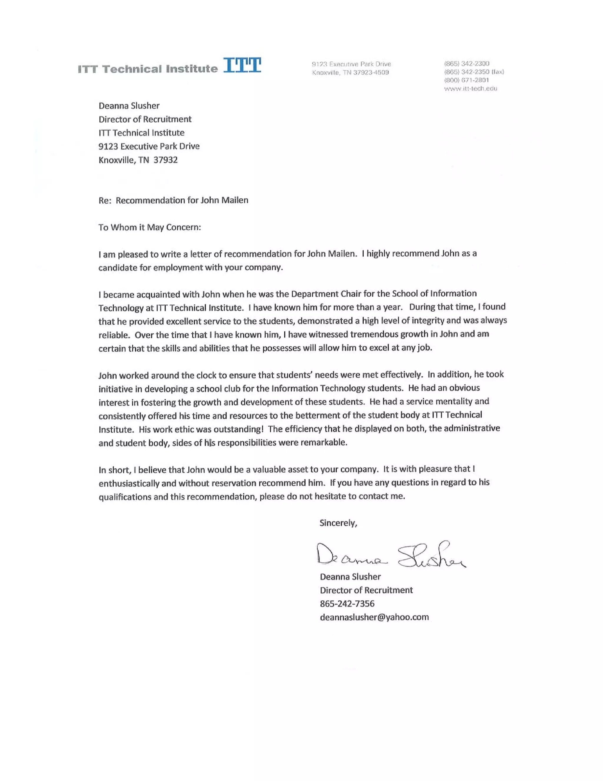 ITT Letter Deanna Slusher | PDF