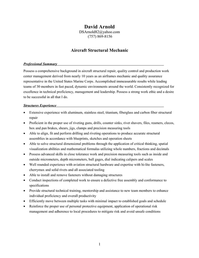 Resume - Structures Mechanic | DOC | Aviation Industry | Industries