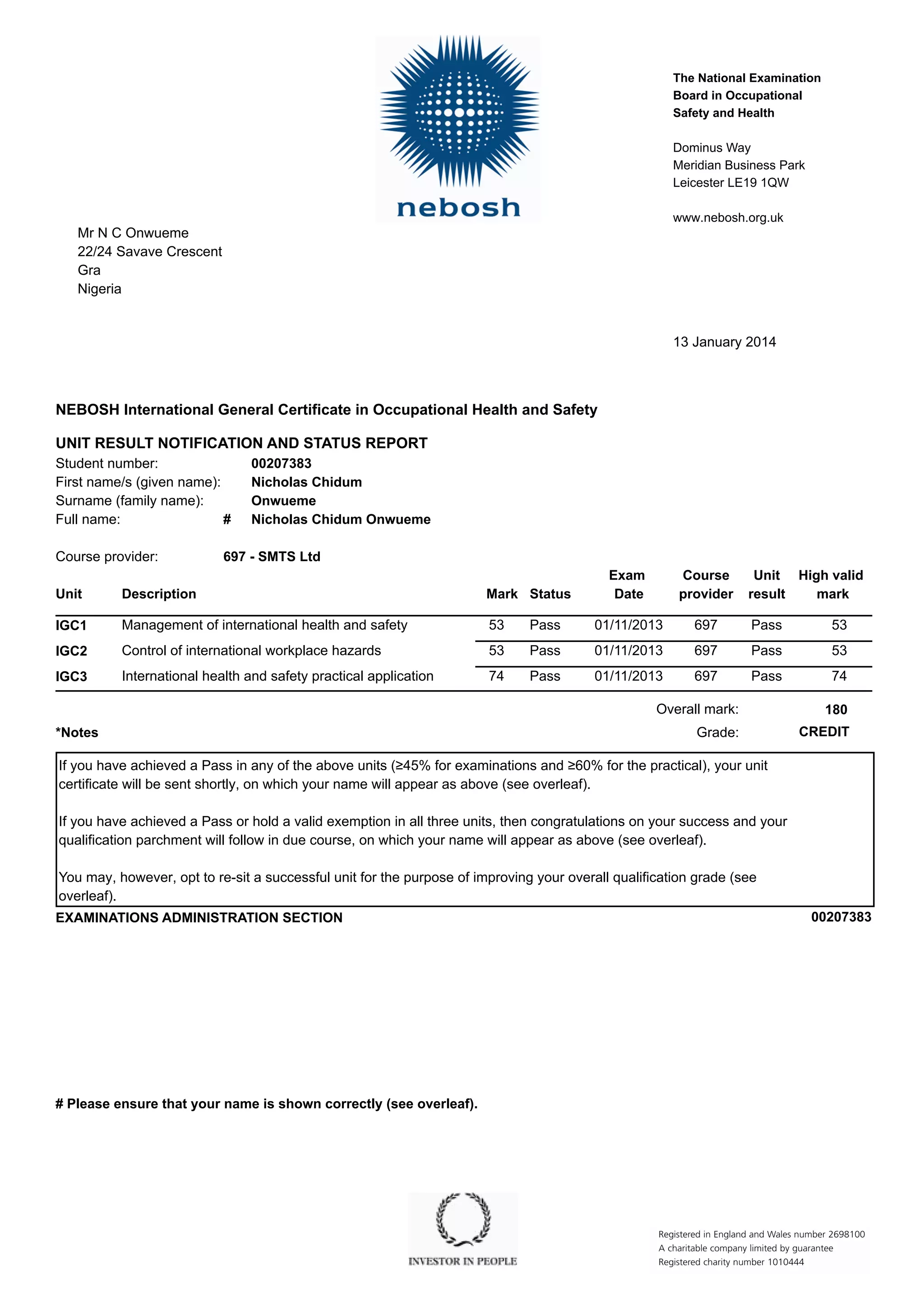 NEBOSH RESULT | PDF