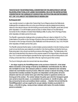 THE STATUS OF THE HAGUE RULES IN NIGERIA VIS-À-VIS THE HAMBURG RULES | DOCX