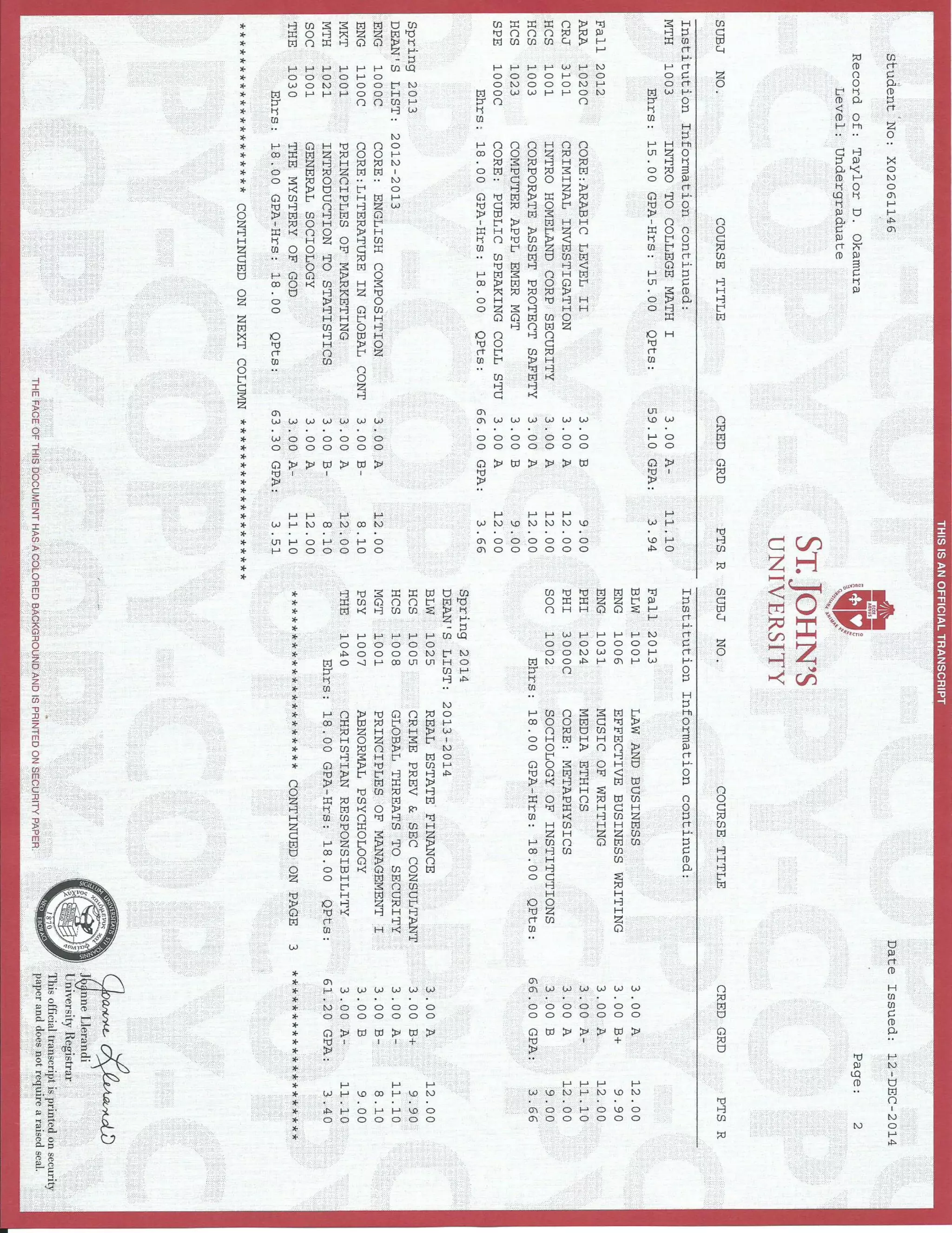 St Johns University Official Transcripts | PDF
