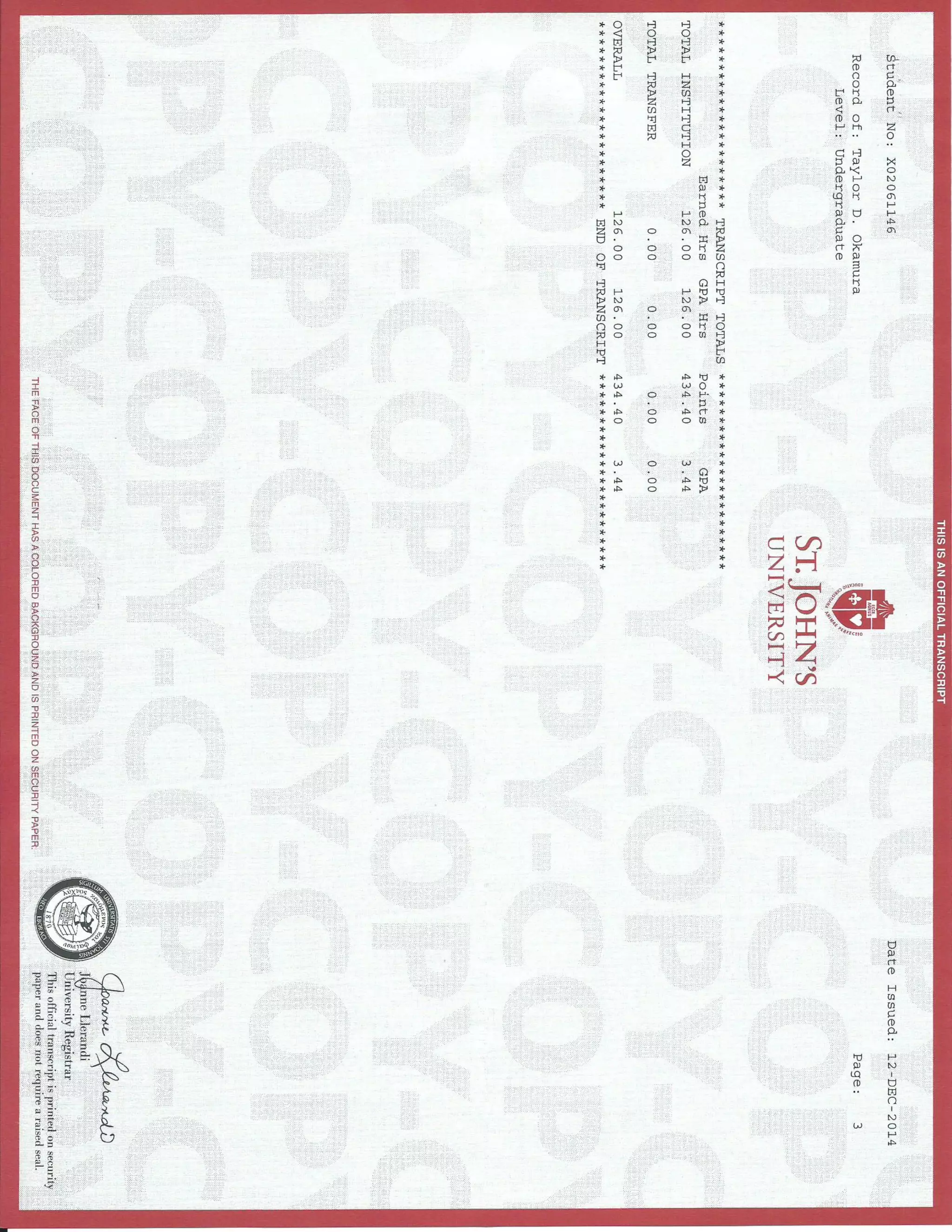 St Johns University Official Transcripts | PDF