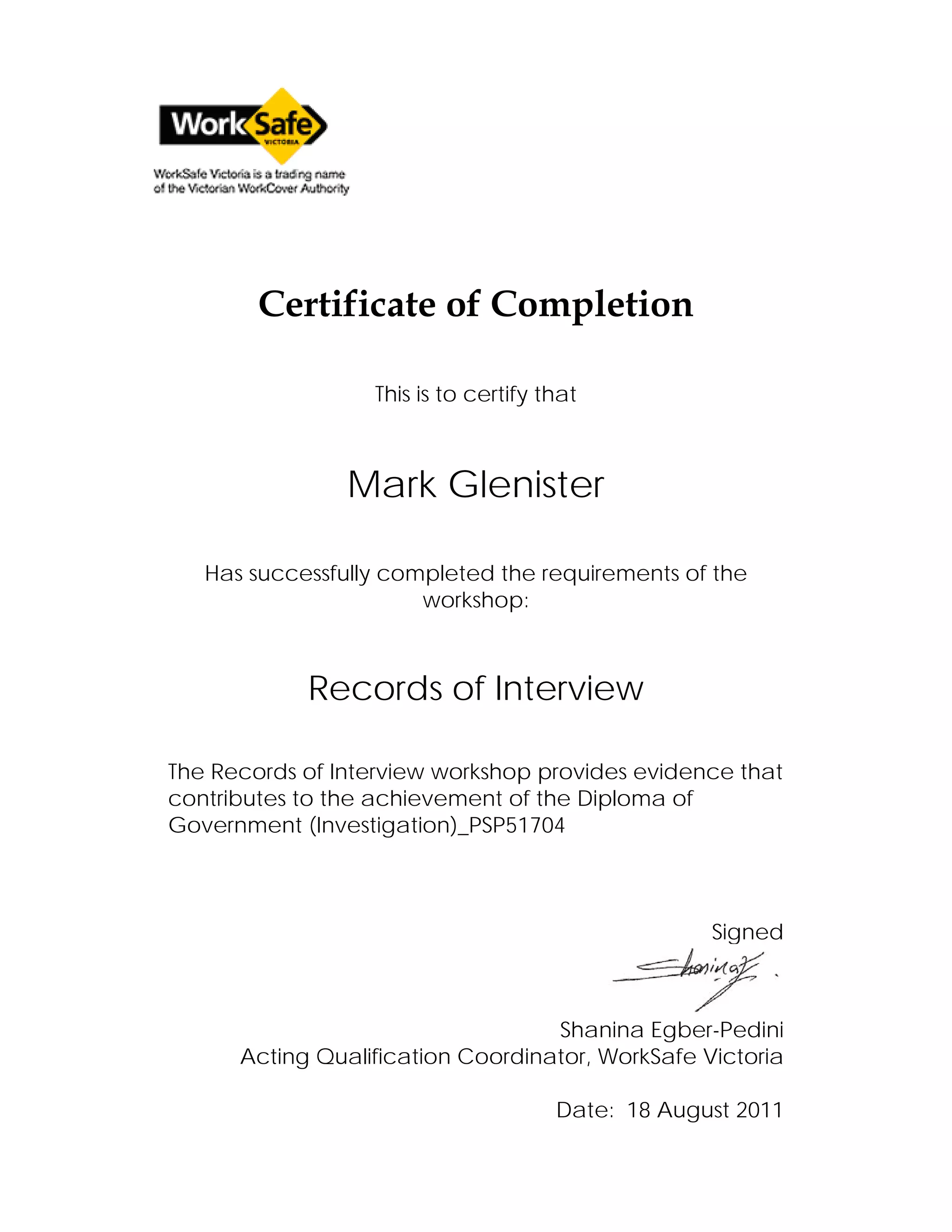 Certificate- WorkSafe Records of Interview | PDF