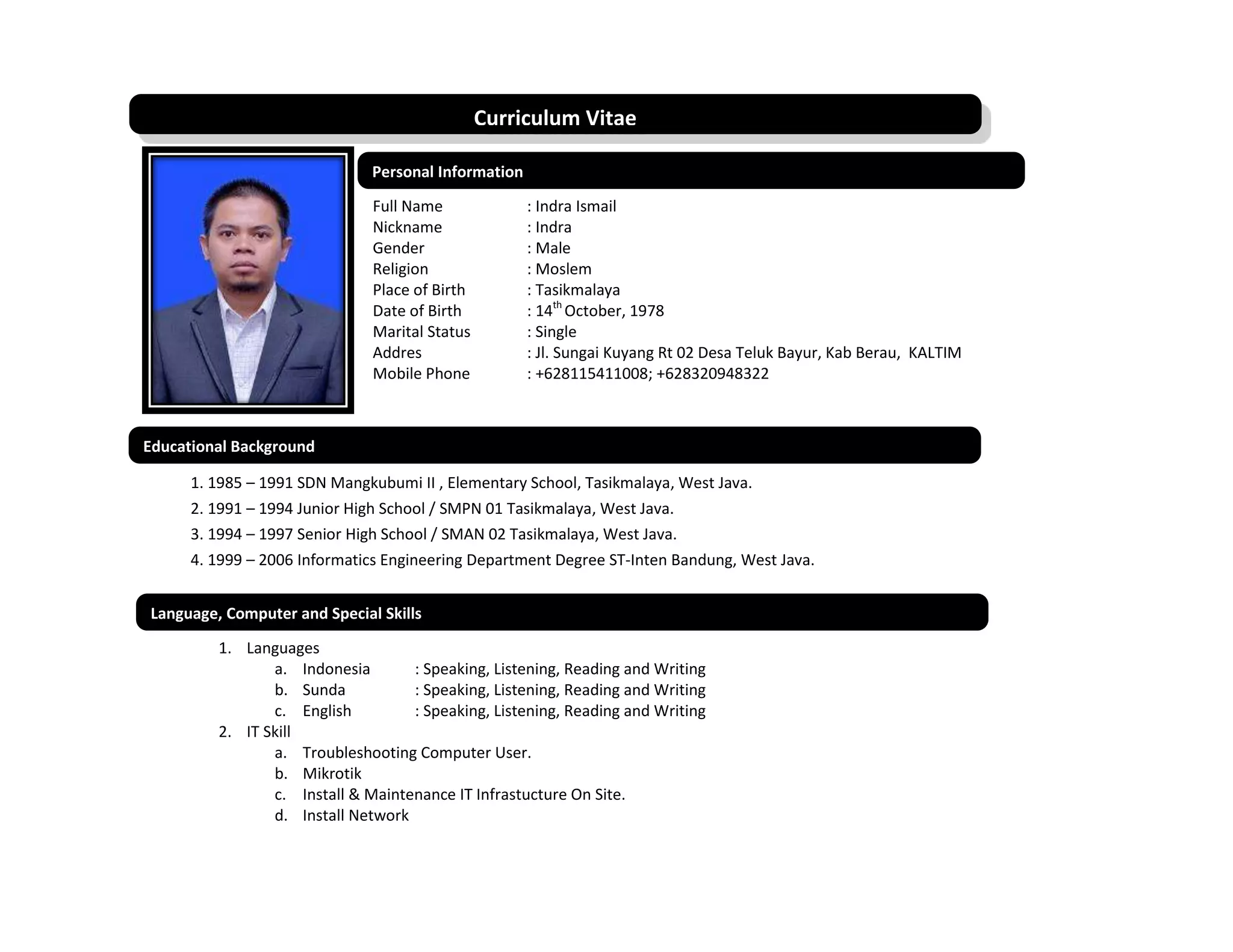 CV Indra Ismail Cost Control & IT 08115411008 | PDF