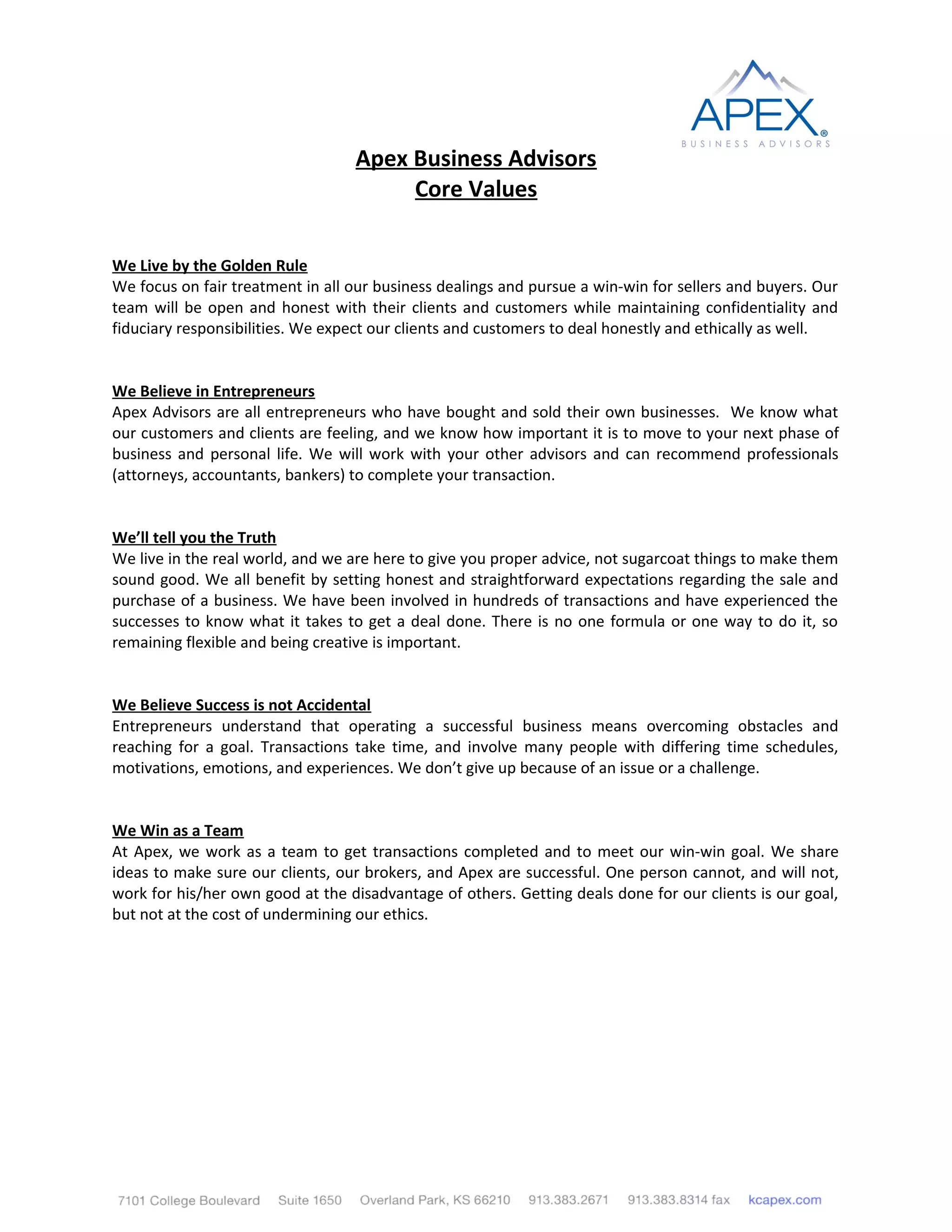 Apex Core Values Pdf
