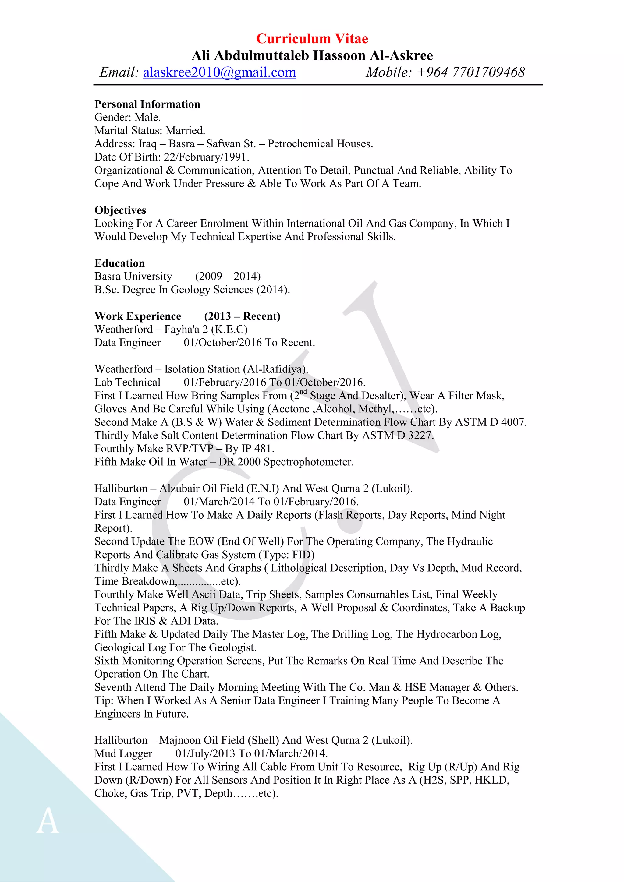 AliAbdulmuttalebHassoonAlaskree_CV | PDF | Geology | Science