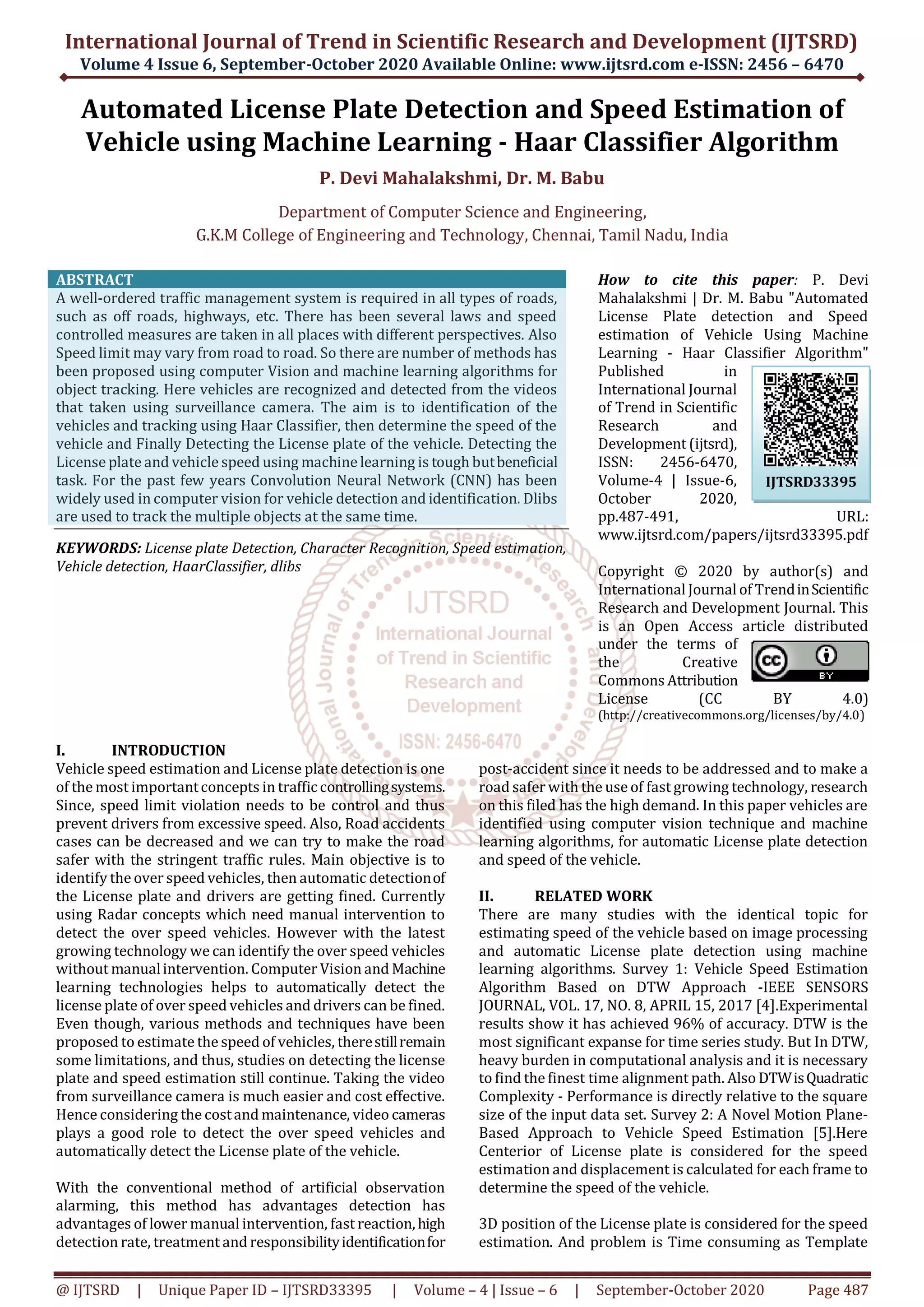 Automated License Plate Detection And Speed Estimation Of Vehicle Using Machine Learning Haar 